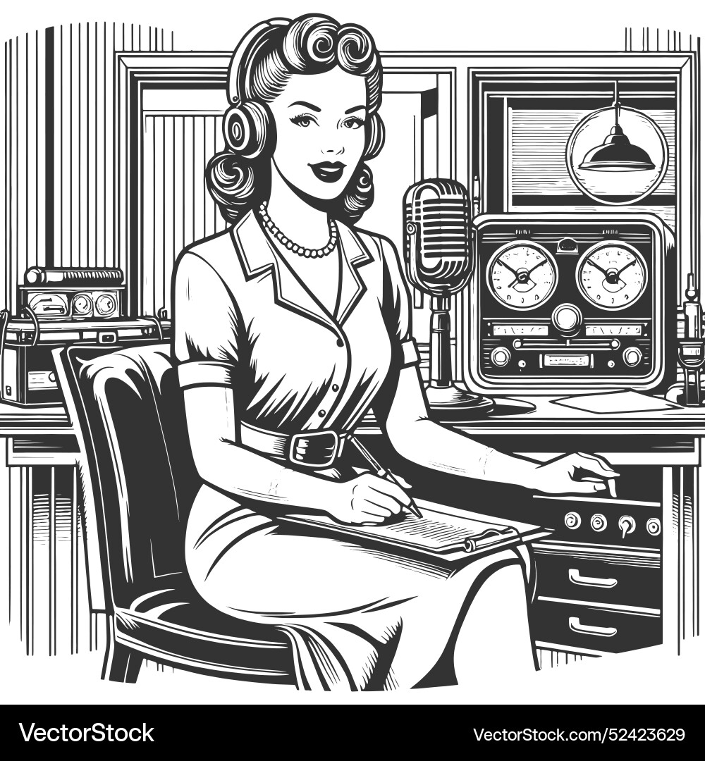 Radio operator woman at console engraving Vector Image