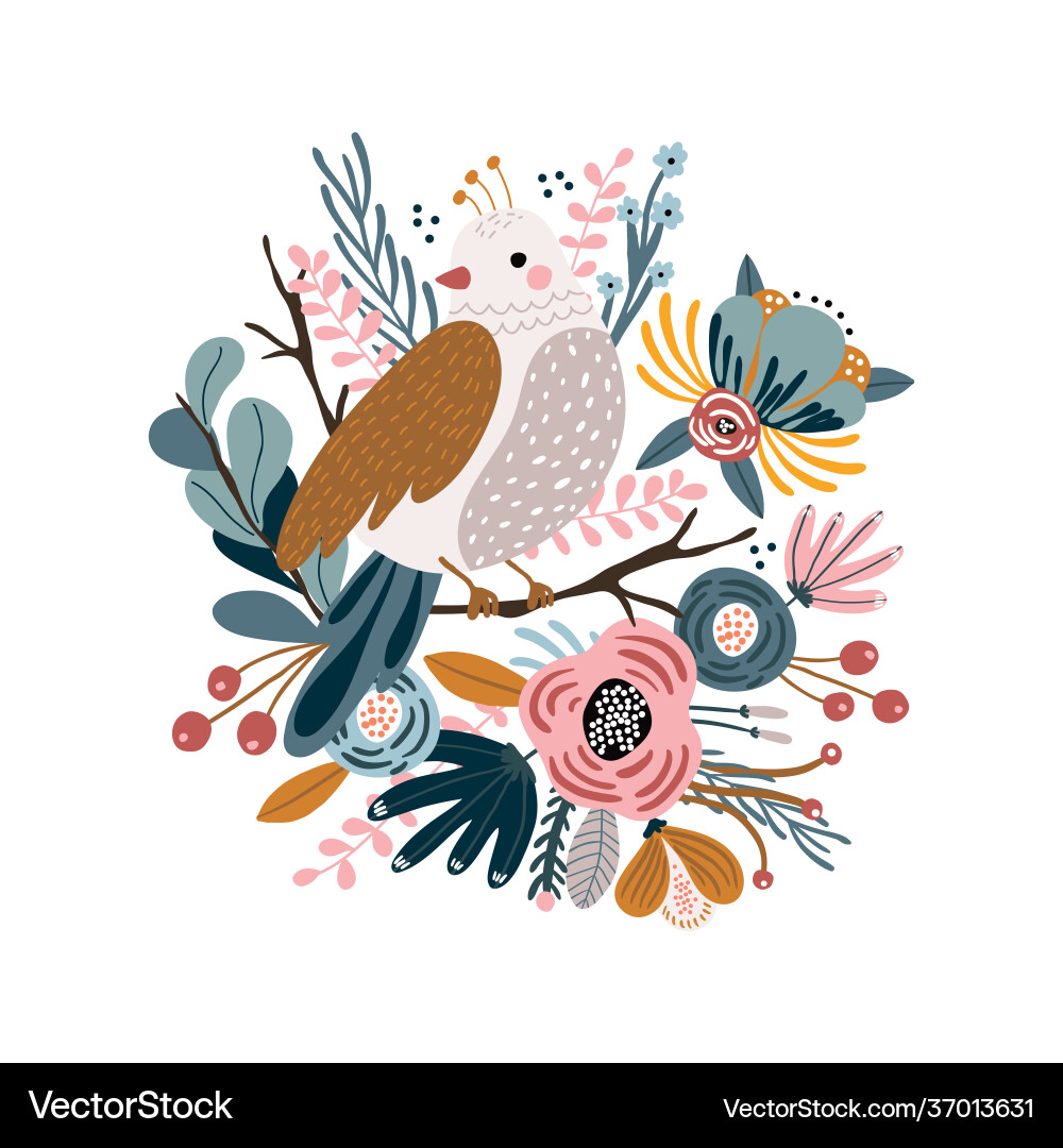 Creative bird on tree branch with floral Vector Image