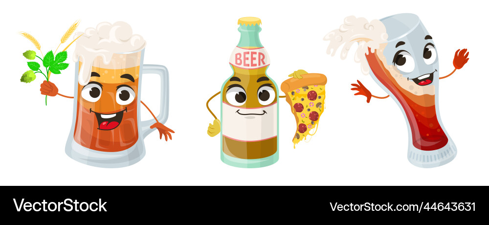 Happy cute beer character isolated set Royalty Free Vector