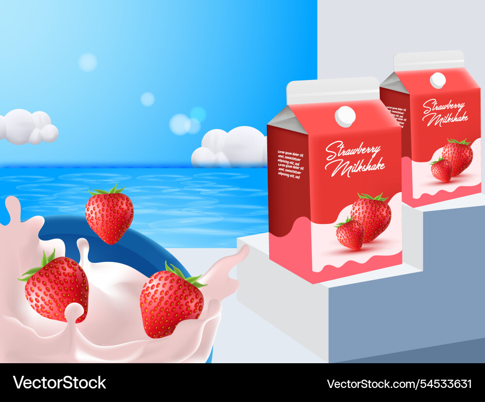 Realistic strawberry splash milk shake Royalty Free Vector