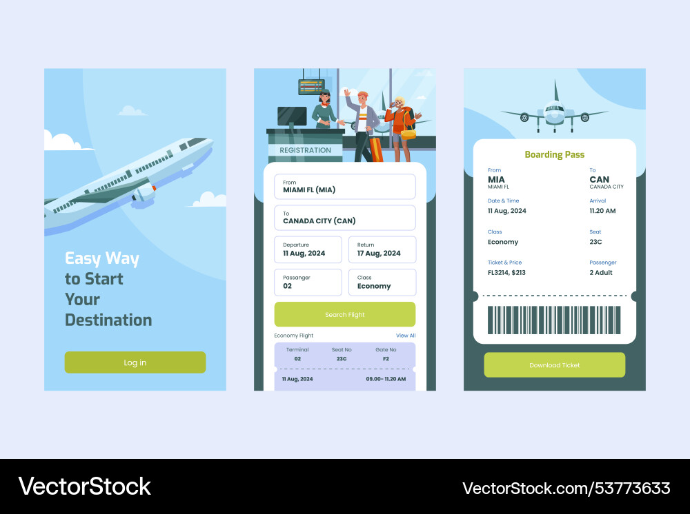 Flight booking app interface Royalty Free Vector Image
