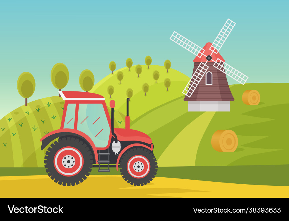 Green Summer Ranch Fields with Tractor Royalty Free Vector