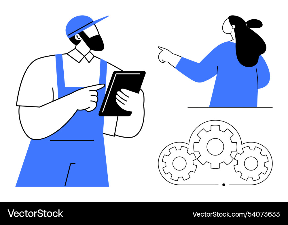 Worker with tablet and person discussing Vector Image