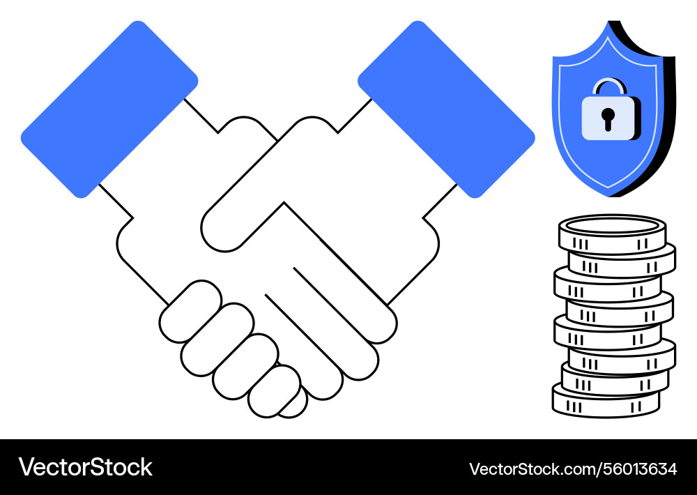 Handshake mit Sicherheitsschild und Stapel von Münzen