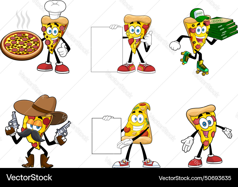 Funny pizza slice cartoon characters Royalty Free Vector