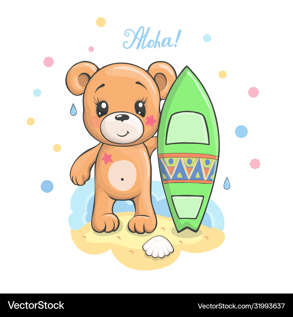 Cute cartoon teddy bear with surfboard Royalty Free Vector