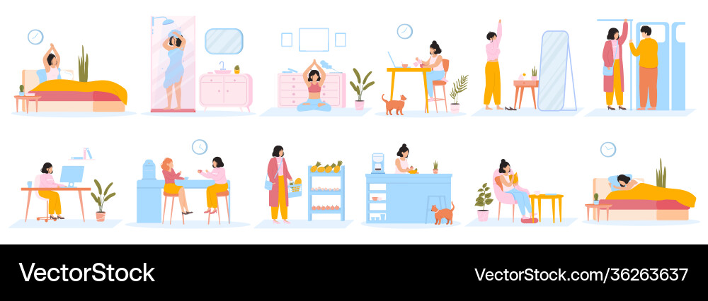 Daily women routine everyday woman work Royalty Free Vector