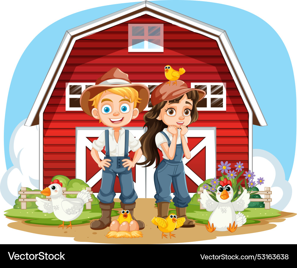Two farmers with chickens and barn Royalty Free Vector Image