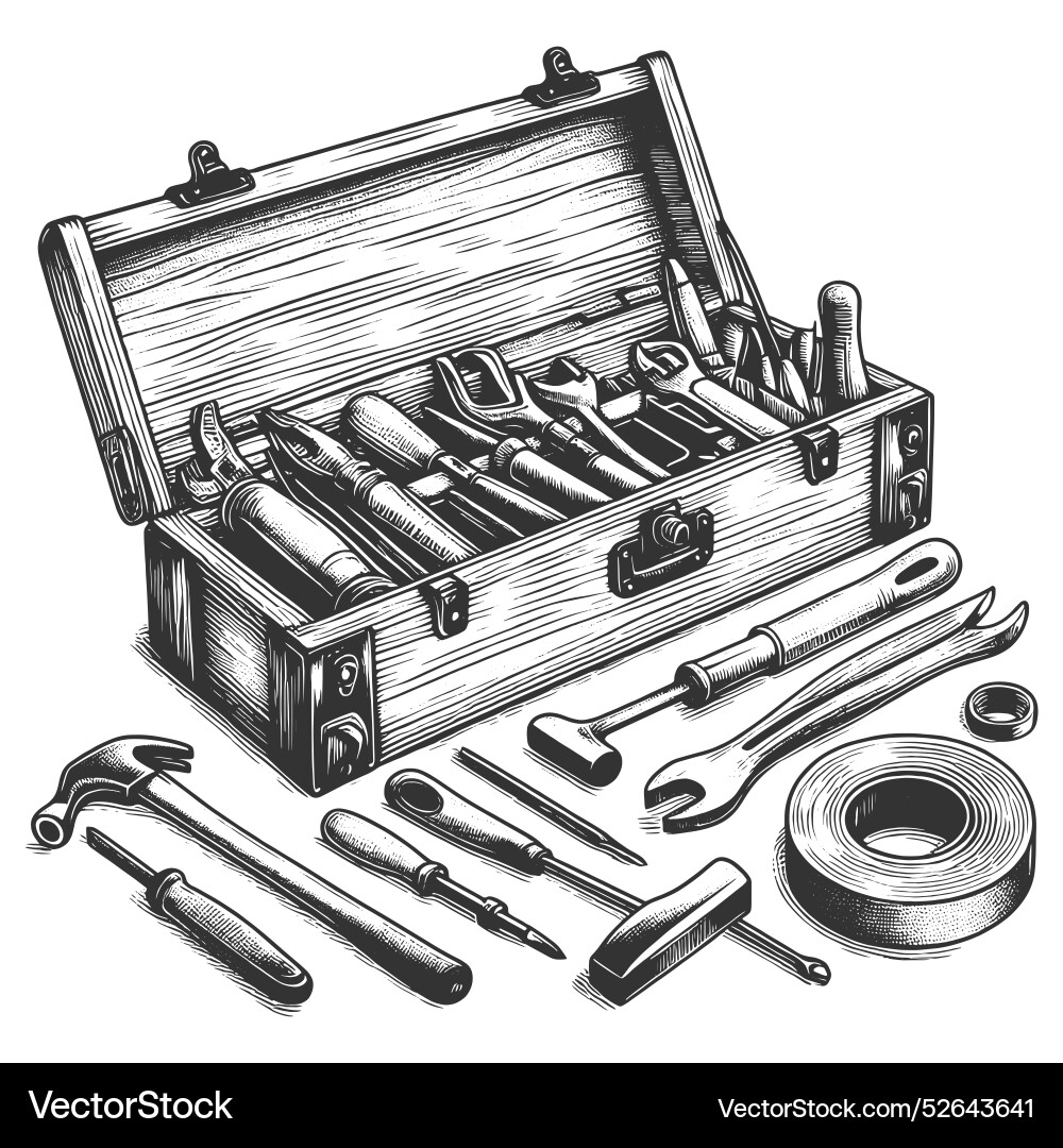 Open toolbox engraving sketch Royalty Free Vector Image