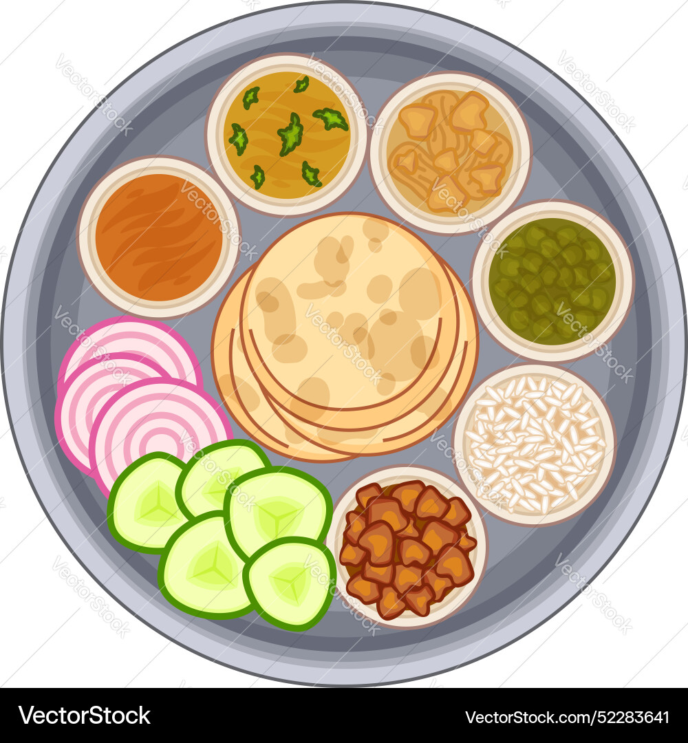 Traditional indian thali meal being served Vector Image