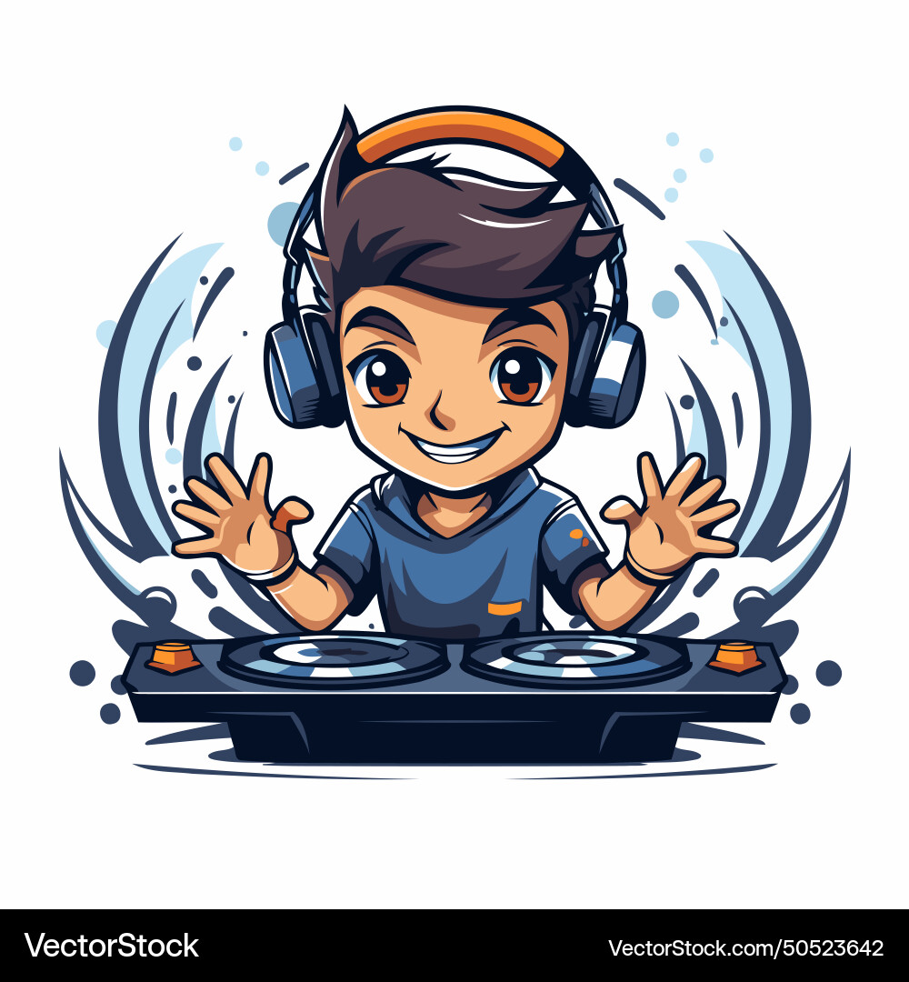 Cute boy dj playing music on turntable Royalty Free Vector