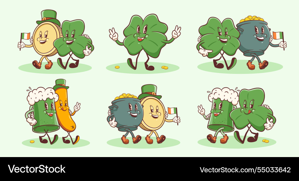 Groovy saint patrick day retro characters Vector Image