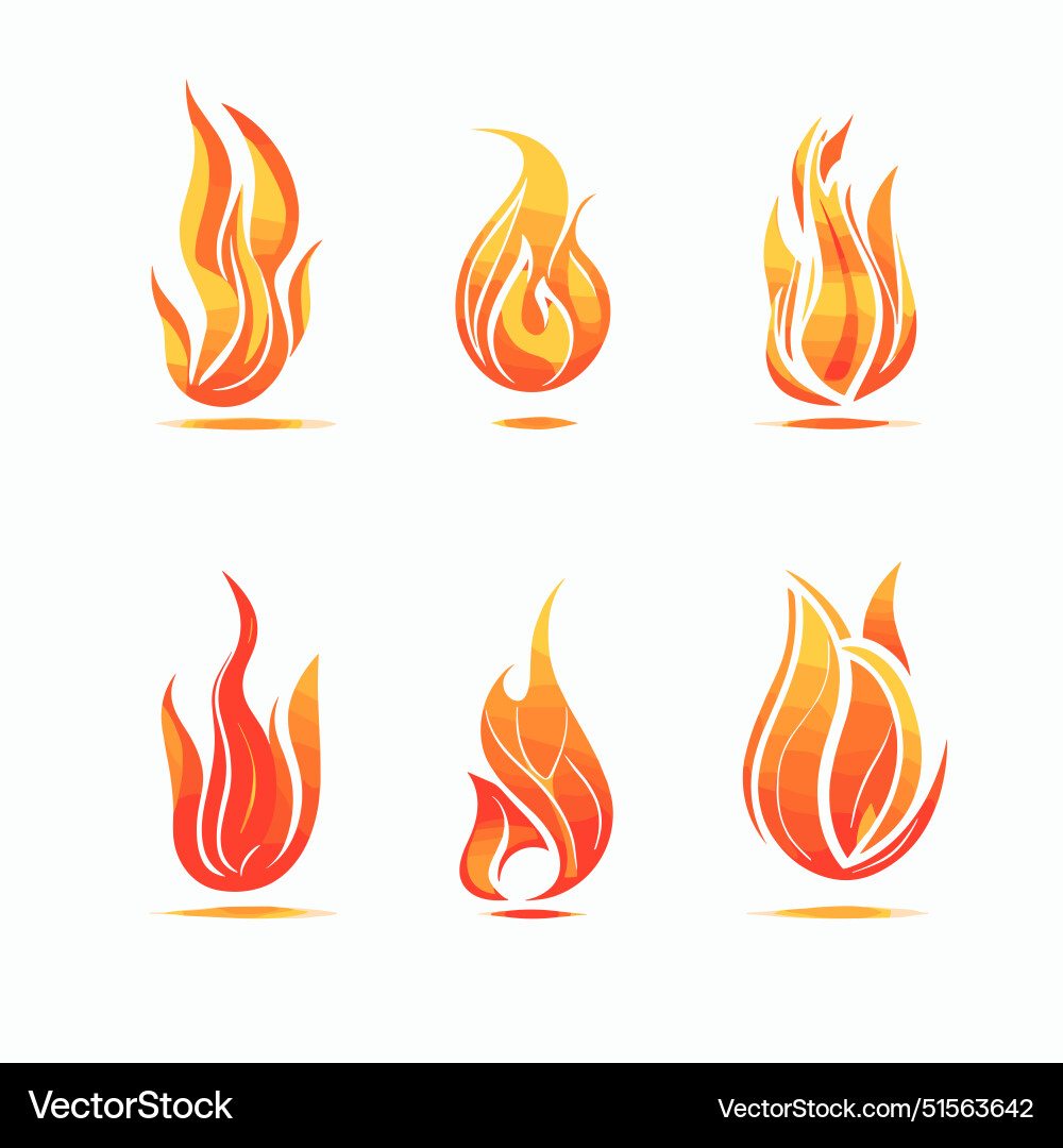 Six stylized fire flame icons set graphic Vector Image