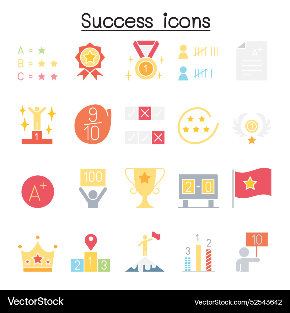 Success icons set in flat color style Royalty Free Vector