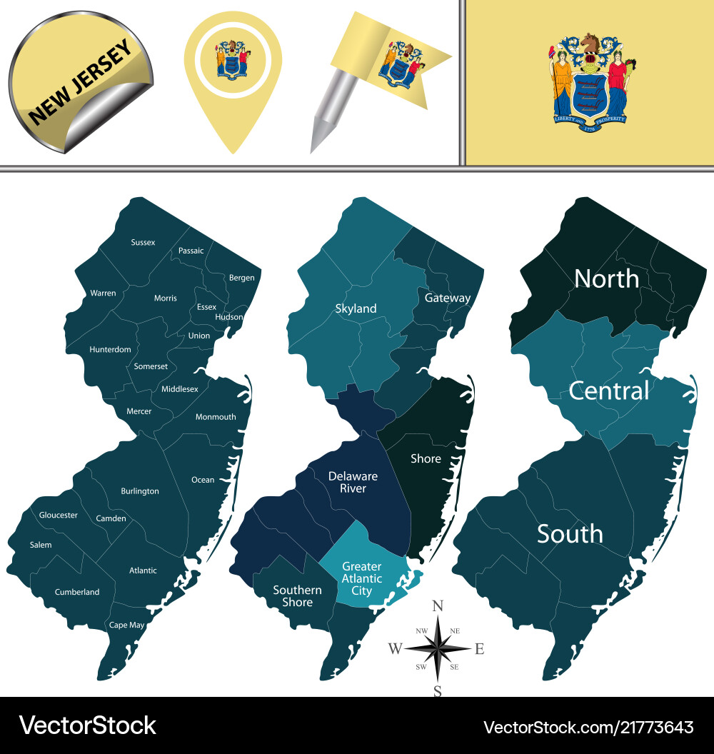 New Jersey Karte mit regionalen Divisionen Vektorbild