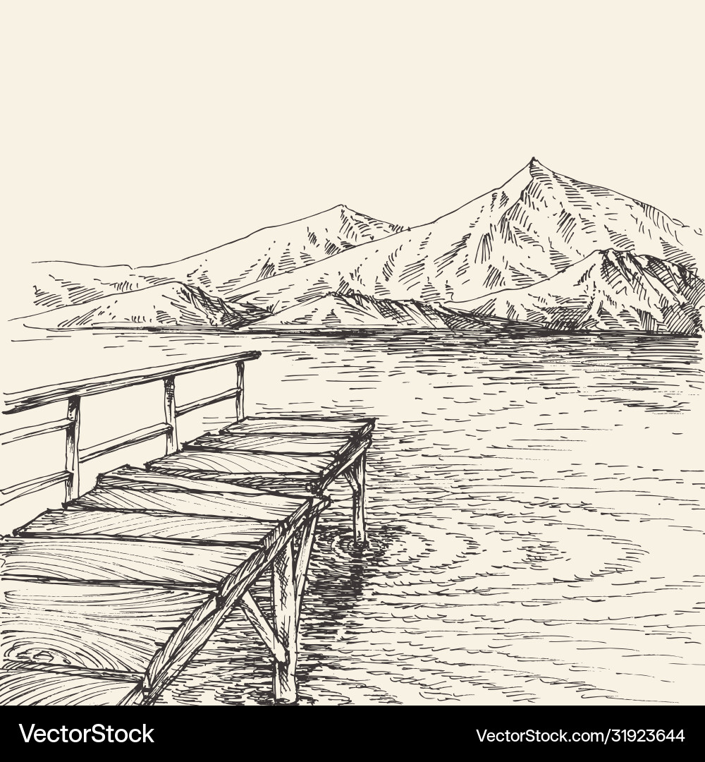 River landscape wooden bridge hand drawing Vector Image