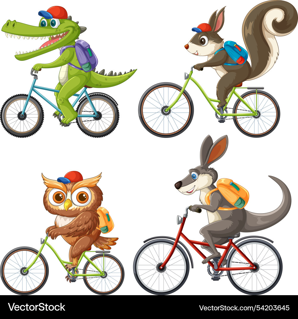Cute animals cycling with backpacks and hats Vector Image