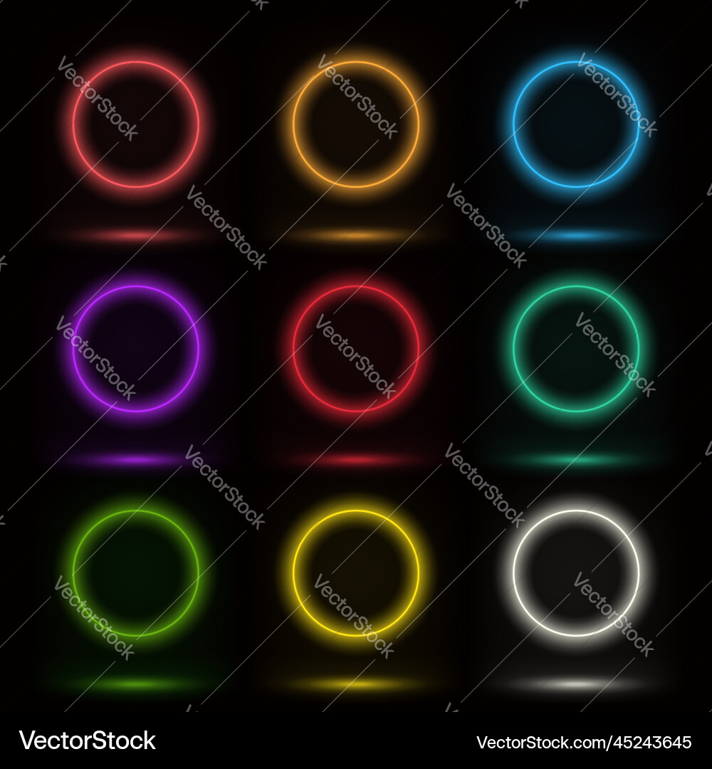 Neon circles in set various colors glow Royalty Free Vector