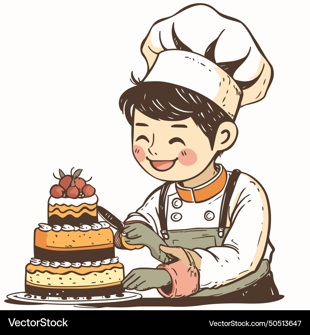 A boy chef decorating cake with strawberries Vector Image