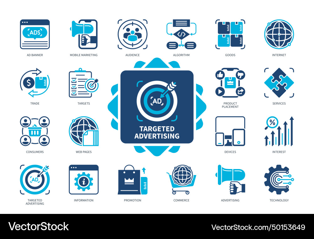 Targeted advertising solid icon set Royalty Free Vector