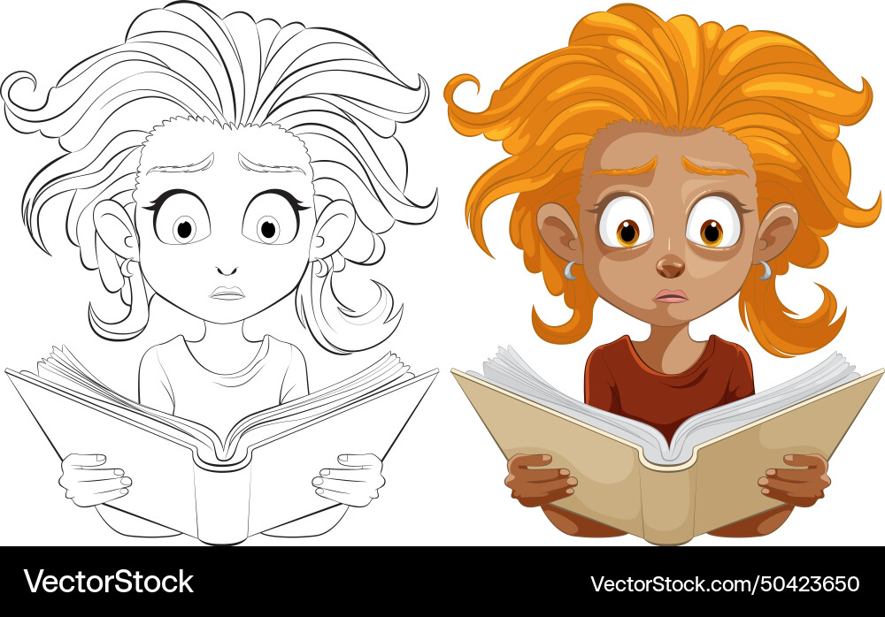 Two of a child reading with shocked expression Vector Image