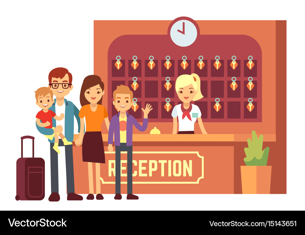 Hotel reservation concept with young happy Vector Image