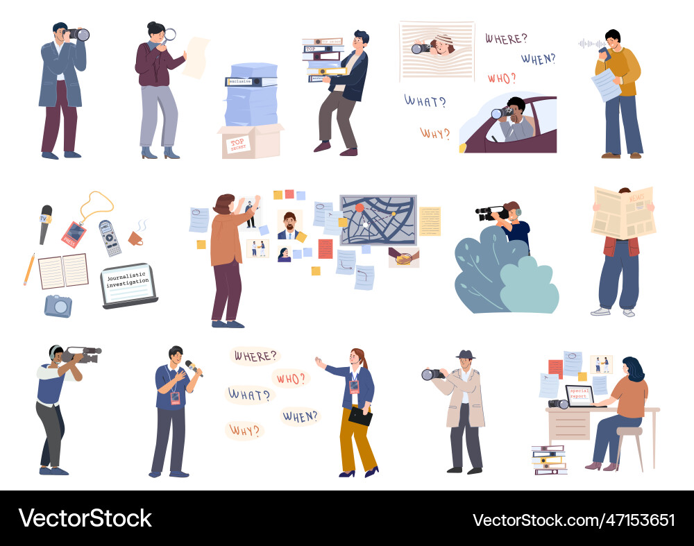 Journalistic investigations icon set Royalty Free Vector