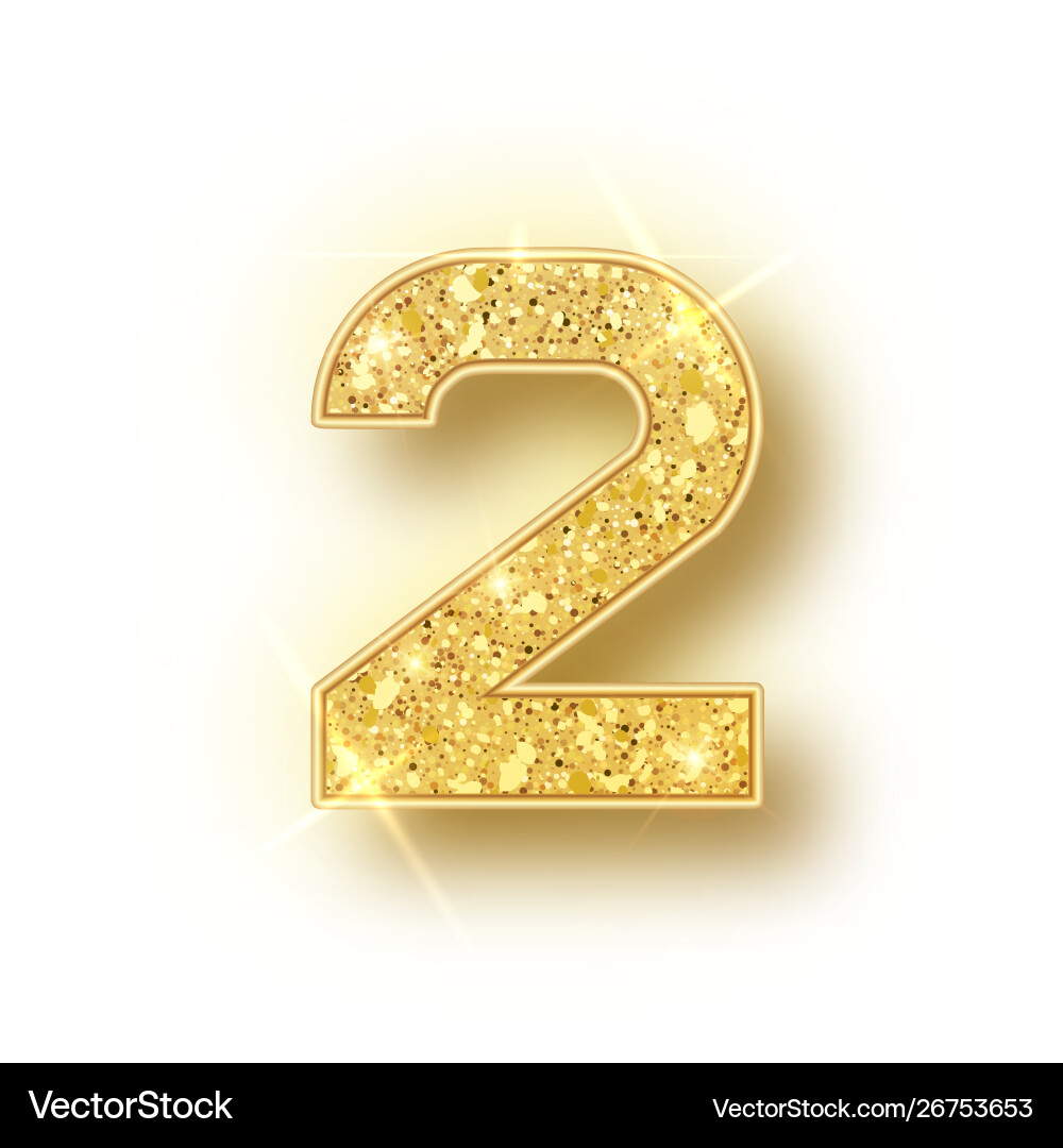 Gold glitter alphabet numbers 2 with shadow Vector Image