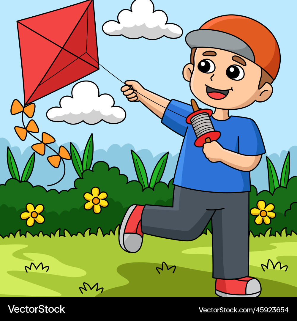 Spring boy flying a kite colored cartoon Vector Image