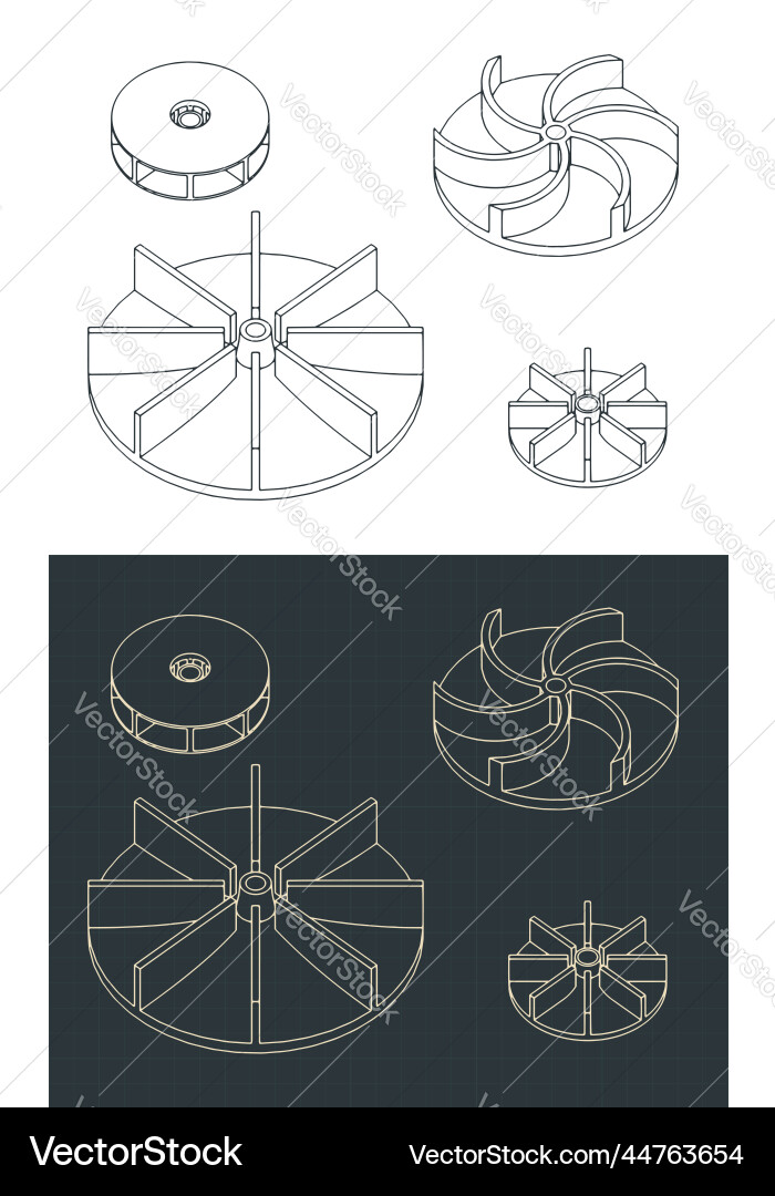 Water pump impellers isometric blueprints set Vector Image
