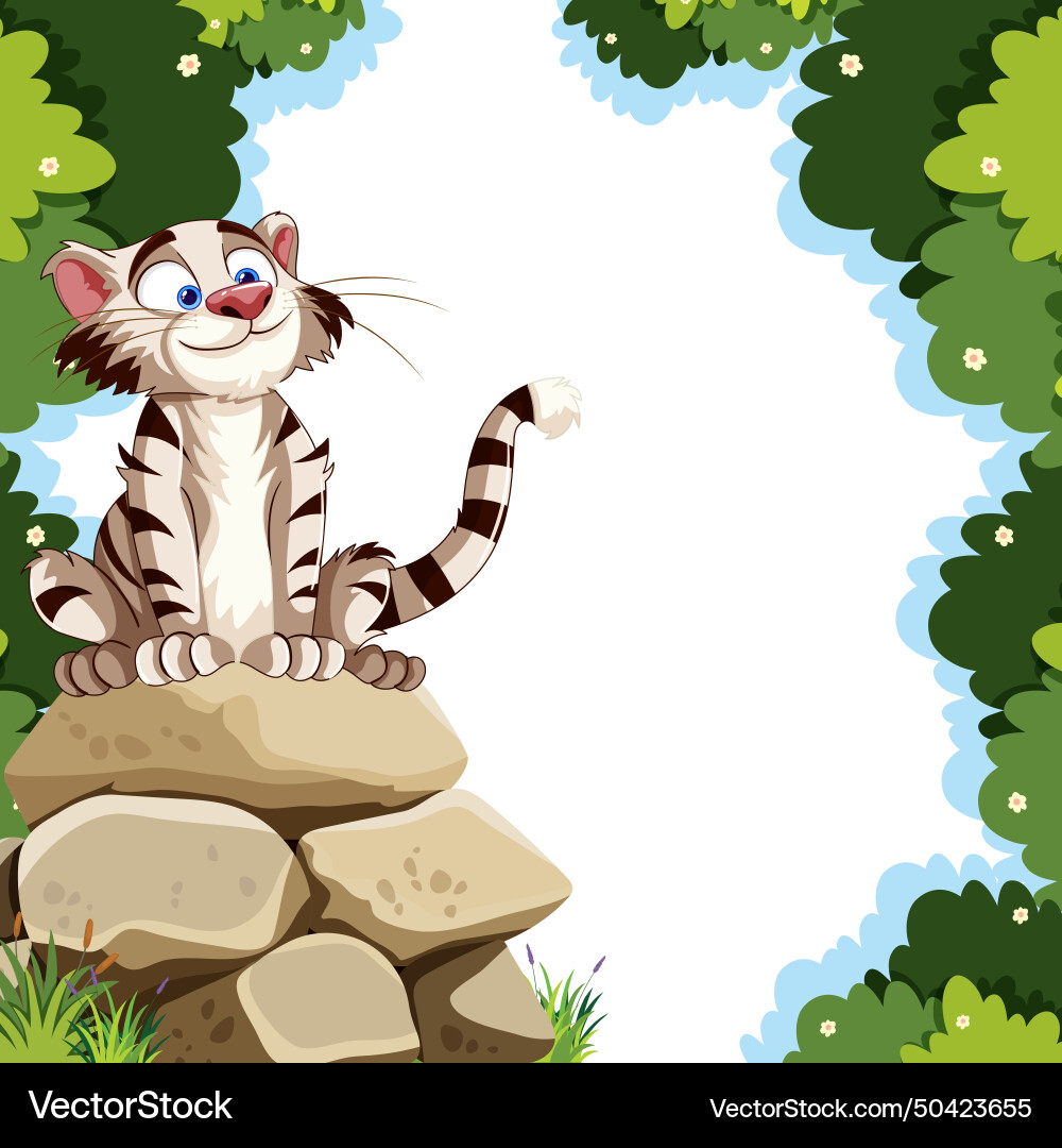 A happy cartoon cat sitting on rocks surrounded Vector Image