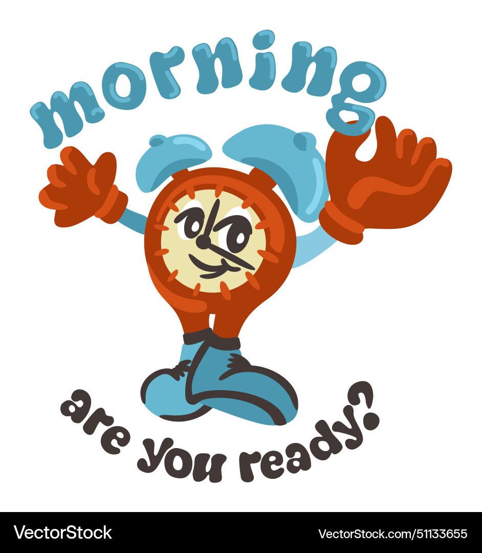 Alarm clock retro cartoon groovy with lettering Vector Image