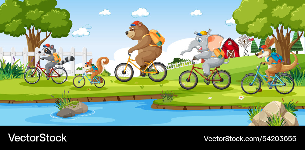 Animals riding bikes together in a scenic Vector Image