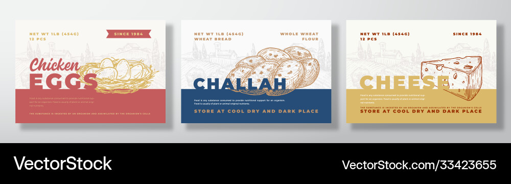 Bread chicken eggs and cheese dairy food label Vector Image