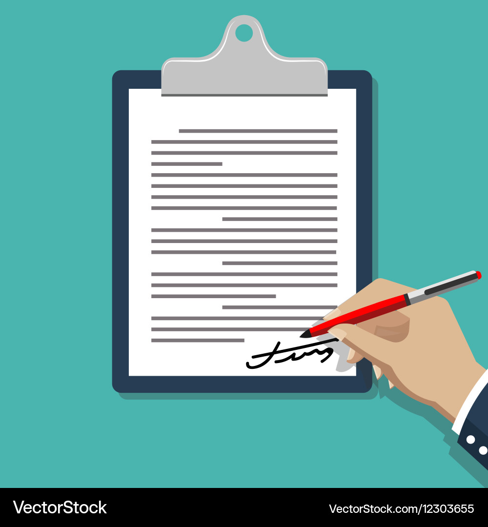 Hand signing document man writing on paper Vector Image