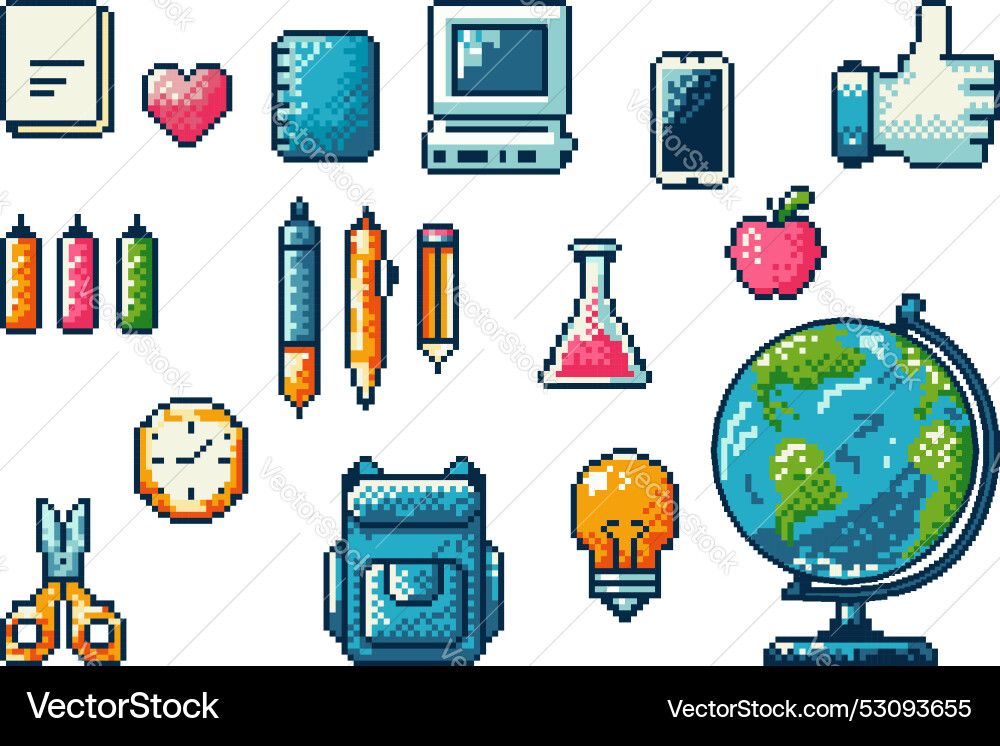 School supply pixel art set Royalty Free Vector Image