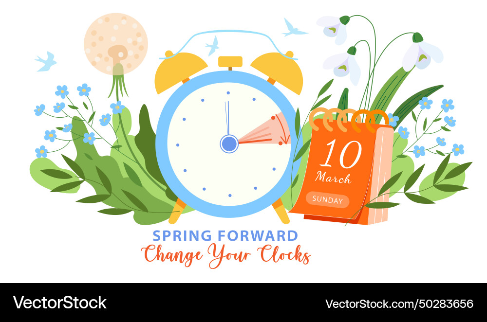 Spring time forward banner alarm clock turning Vector Image