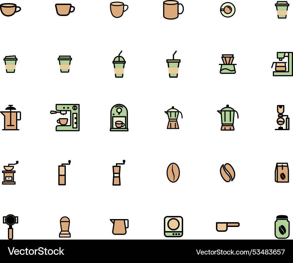 Coffee outline filled icons set Royalty Free Vector Image