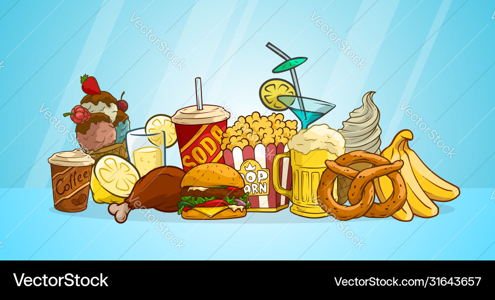 Colorful Fast Food & Drinks Stickers Vector Image