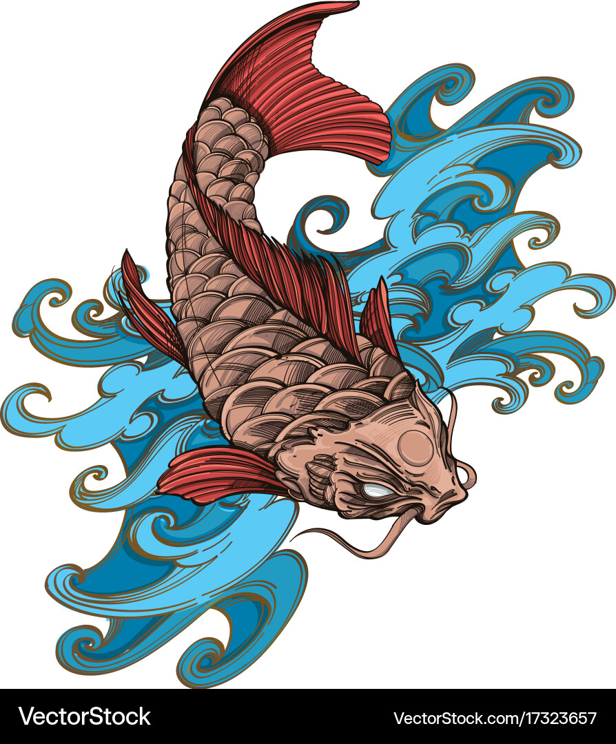 Hand drawn koi fish with wave japanese carp Vector Image