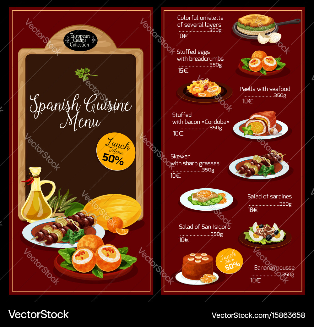 Lunch menu template for spanish cuisine Royalty Free Vector