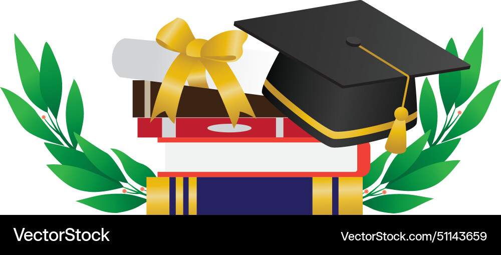 A graduation cap and diploma are displayed Vector Image