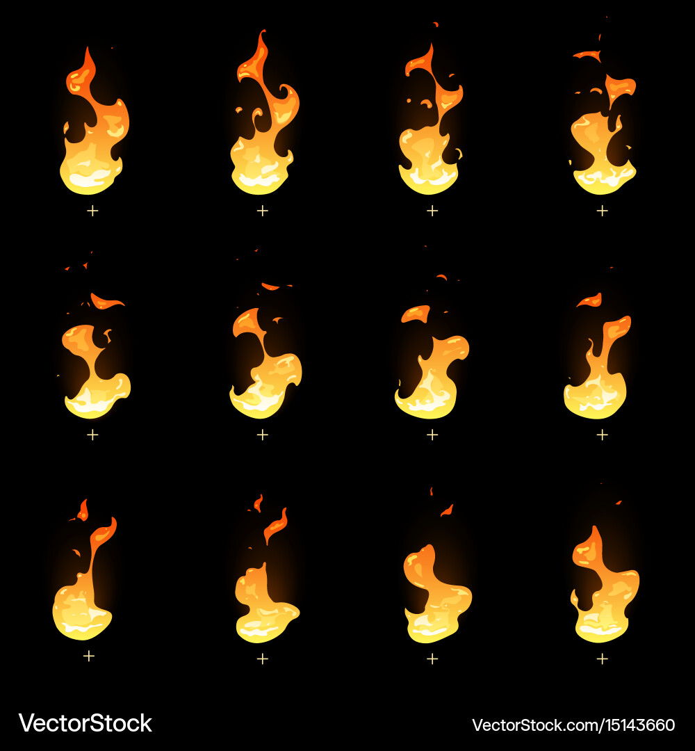 Fire sprite sheet cartoon flame game Royalty Free Vector