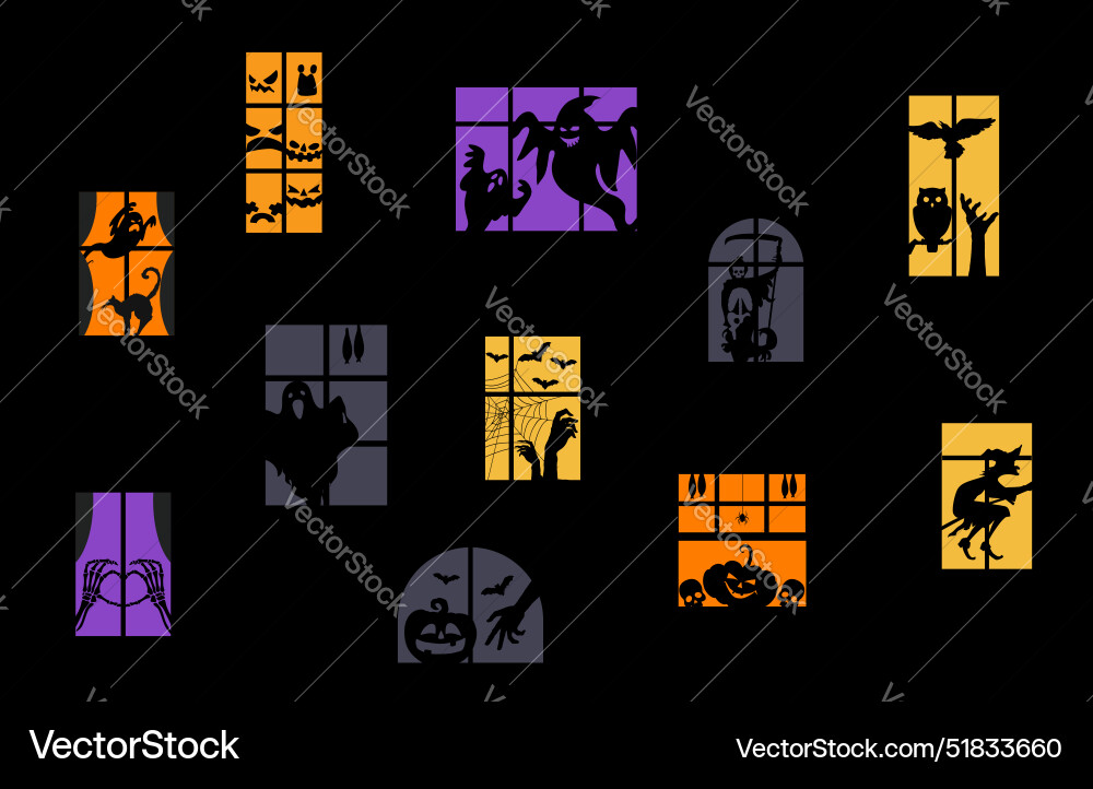 Halloween windows scary haunted silhouettes Vector Image