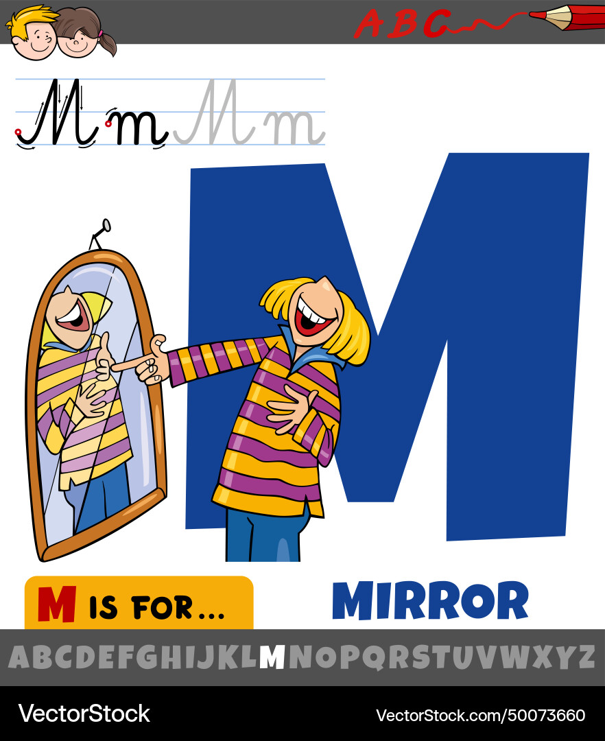 Letter m from alphabet with cartoon mirror object Vector Image