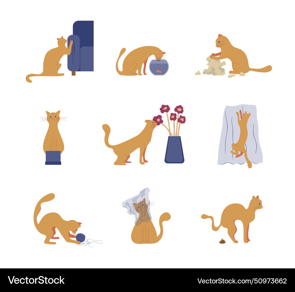 Cartoon color naughty cat behavior set Royalty Free Vector