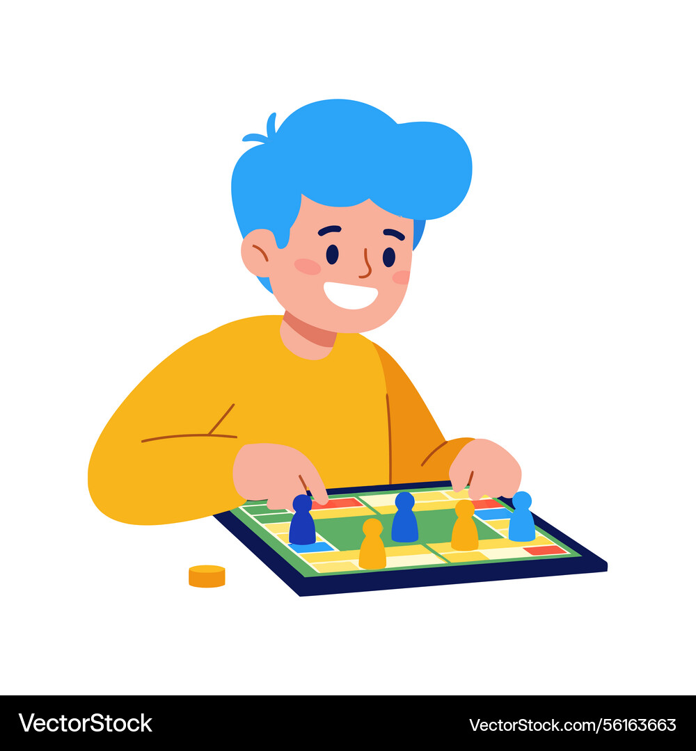 A cheerful boy playing board game with colorful Vector Image