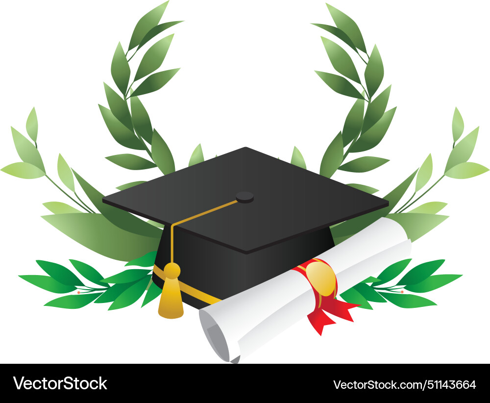 A graduation cap and diploma are displayed Vector Image