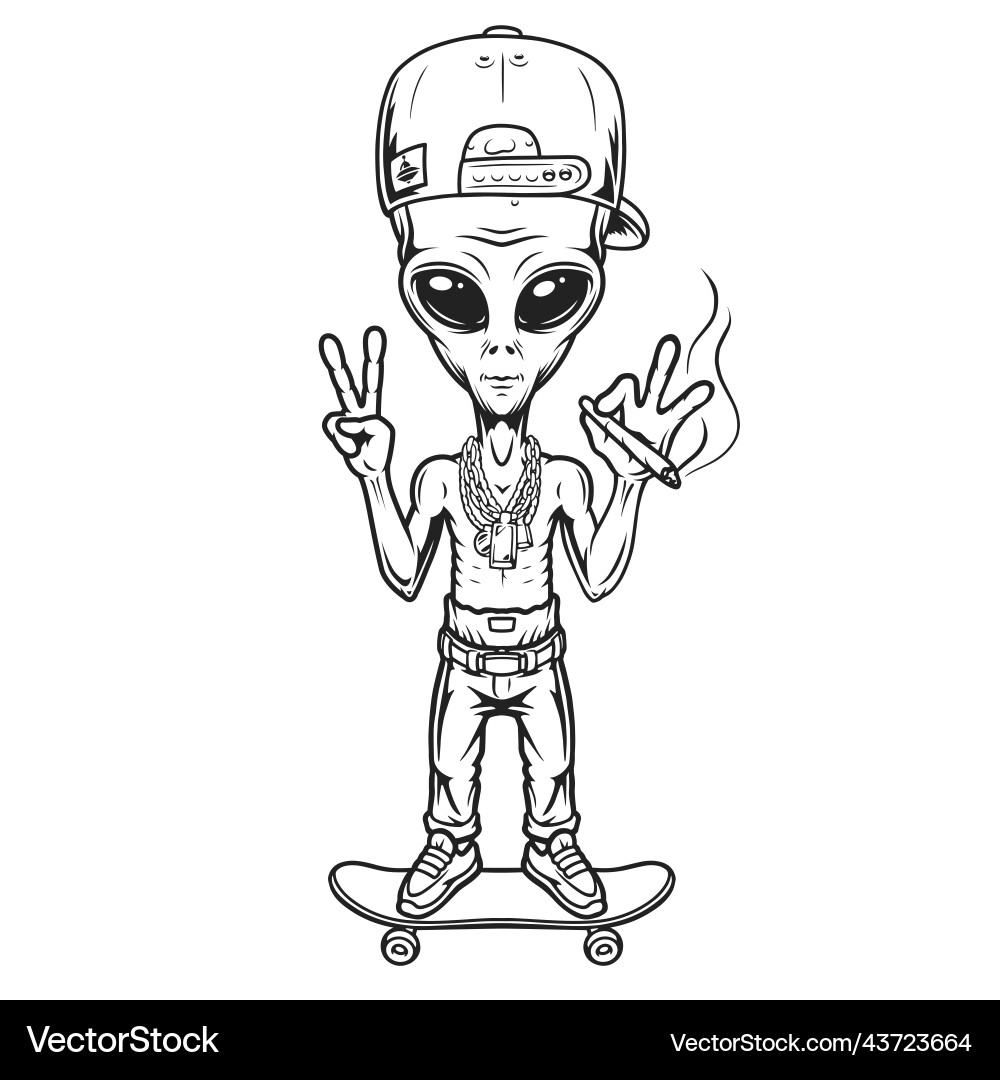 Alien skateboarder vintage monochrome sketch Vector Image