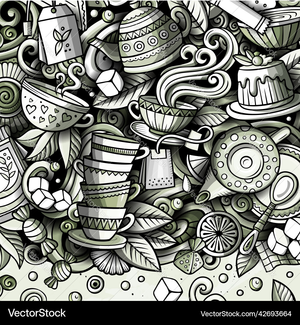 Cartoon doodles tea time frame Royalty Free Vector Image